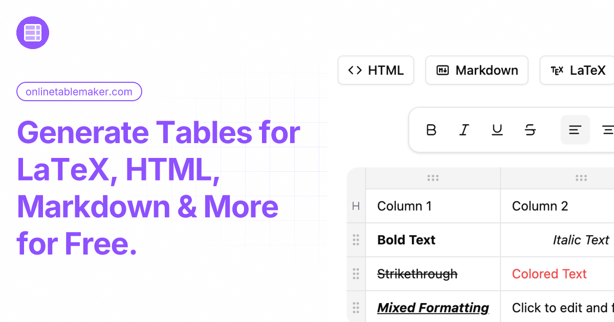Online Table Maker - Generate Tables for LaTeX, HTML, Markdown & More for Free